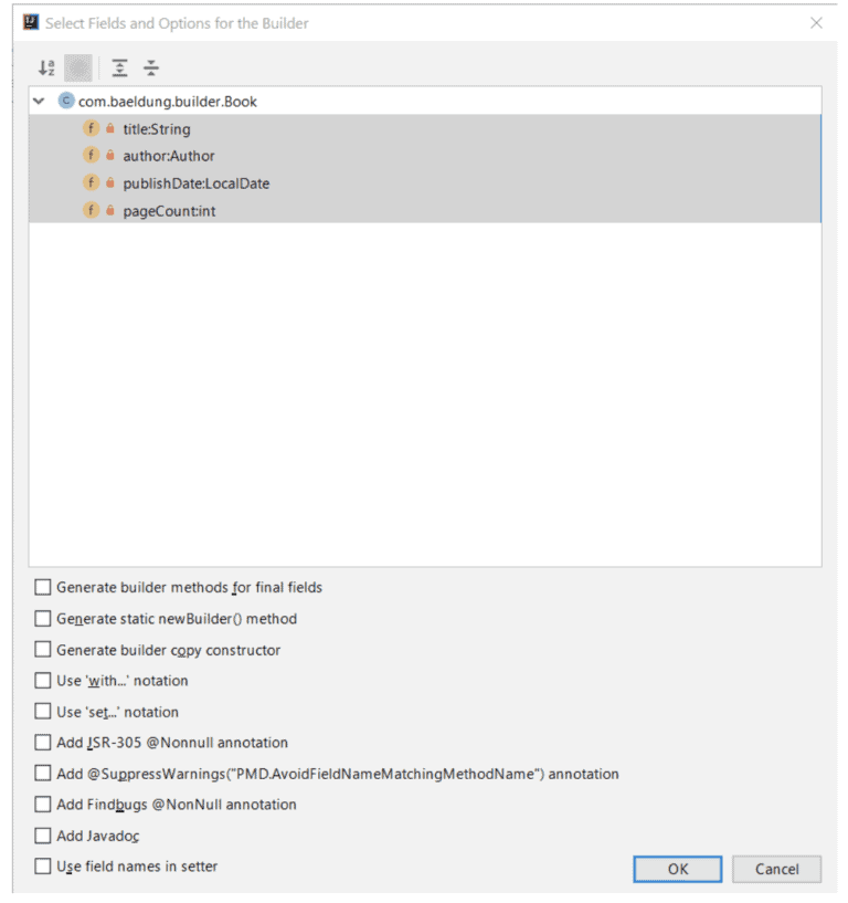 Creating the Java Builder for a Class in IntelliJ | Baeldung